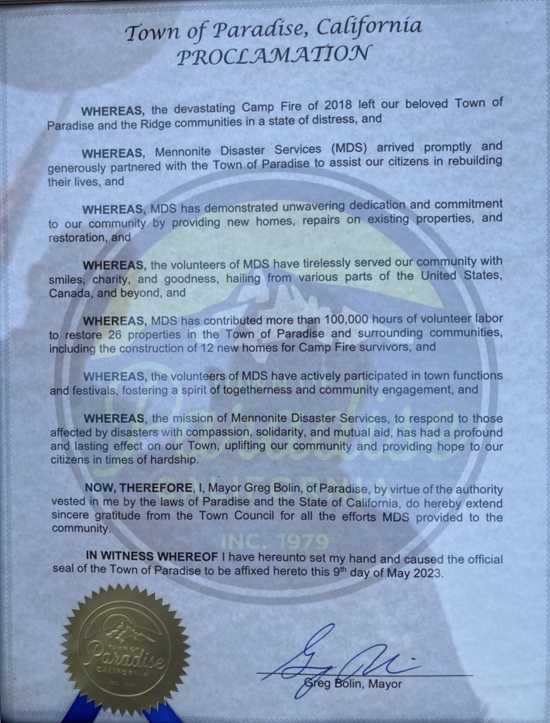 Paradise mayor issues proclamation of appreciation – Mennonite Disaster ...